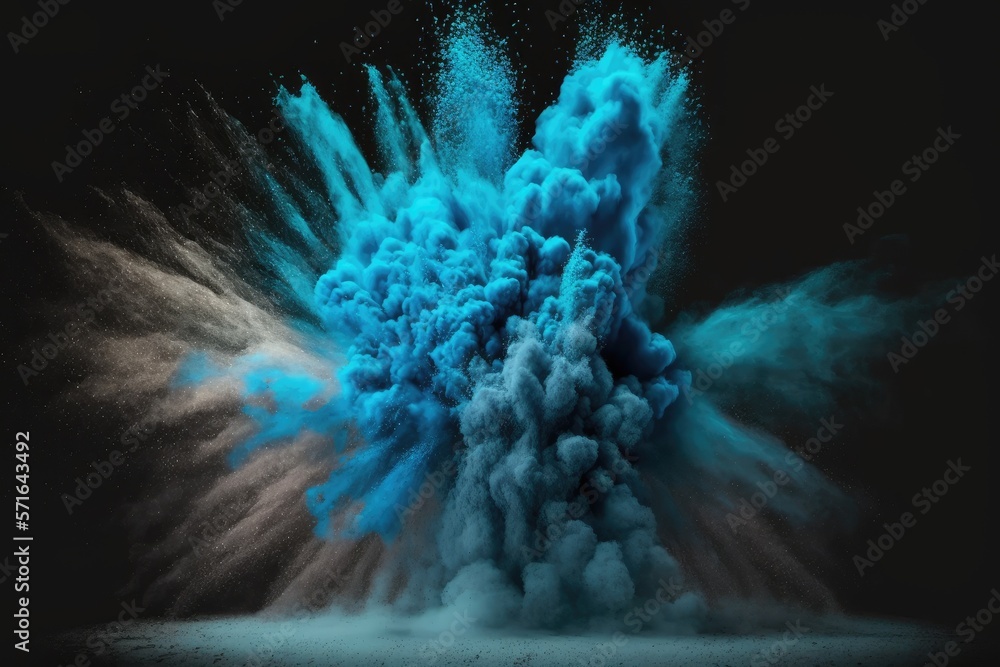 Exploding blue powder in slow motion, isolated on a dark, black ...
