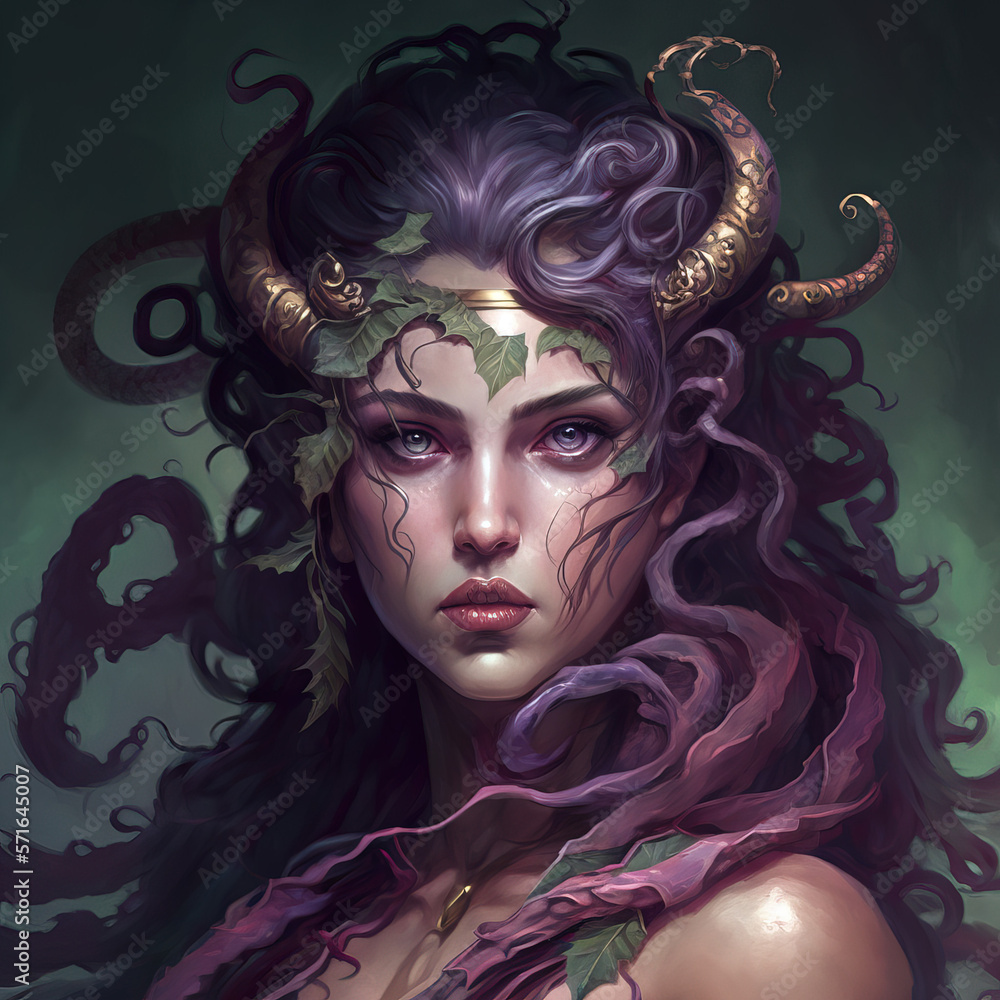 Medusa Artwork of a woman with giant horns and purple hair, featuring ...