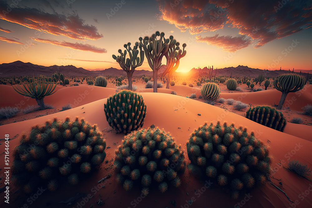 Sunset over a desert landscape with sand dunes and cacti #1 National ...