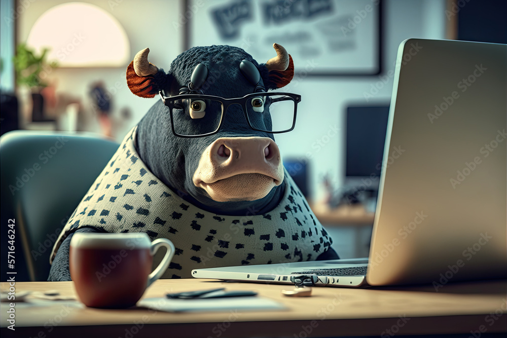 Office Cow: Funny Fat Cow Works at Desk in Casual T-Shirt and Glasses ...