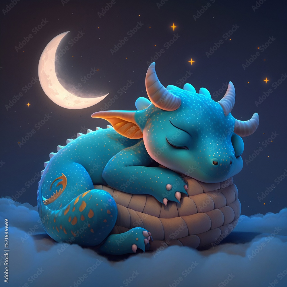 cute Cartoon of Baby dragon sleeping in the night with moon and stars , soft illustration ...