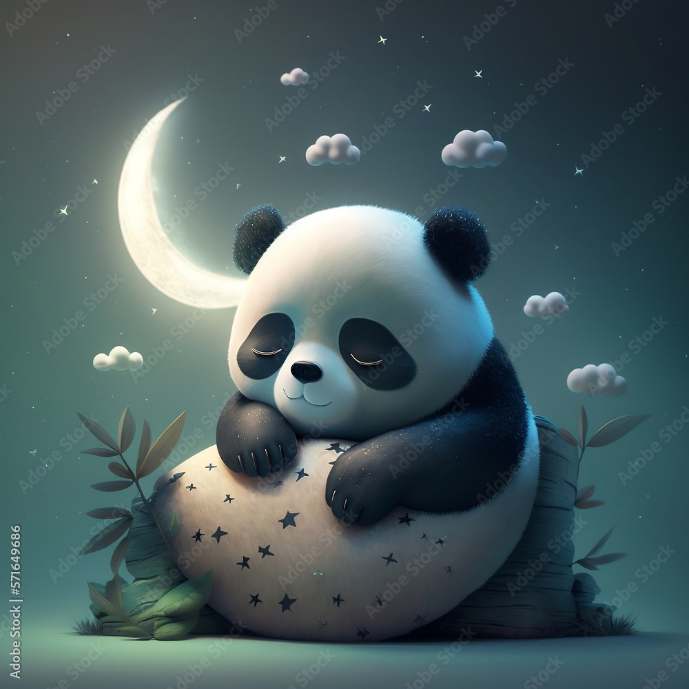Cute Cartoon of Baby panda sleeping at night with moon and stars , Soft ...