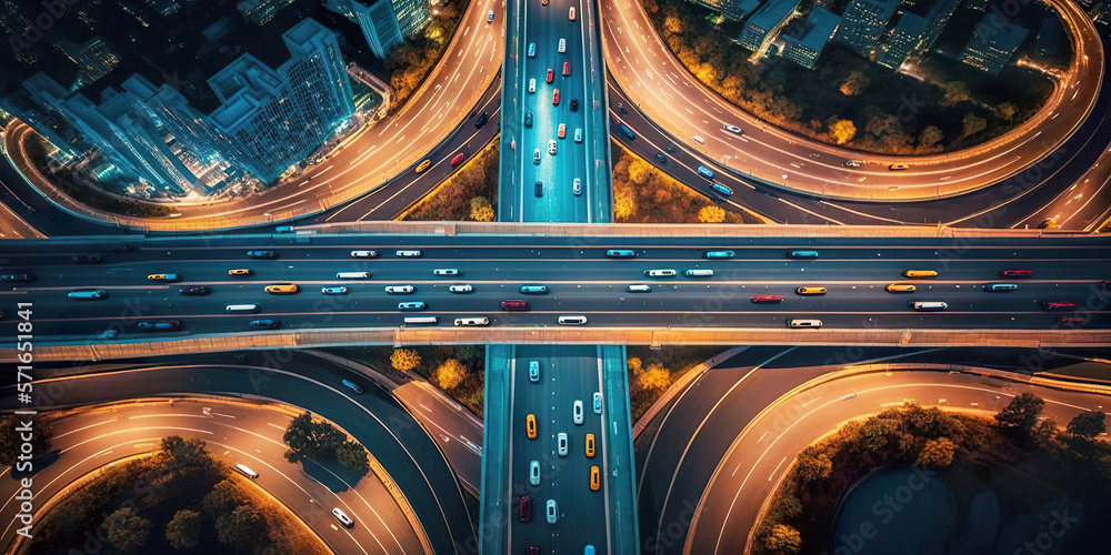 The concept of highways of the future in a fictional world. The aerial view of the traffic was ...