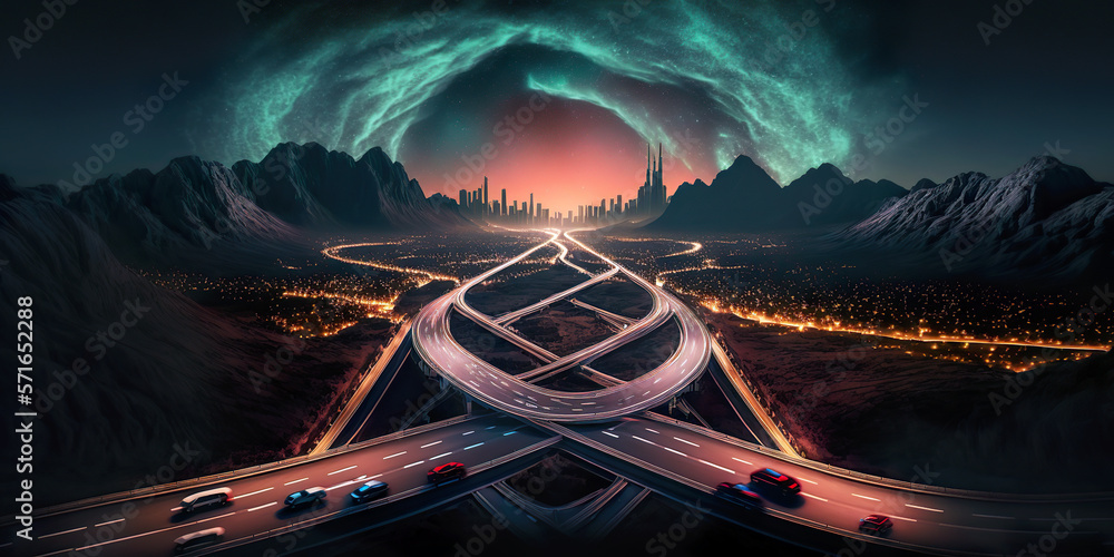 The concept of highways of the future in a fictional world. The aerial ...