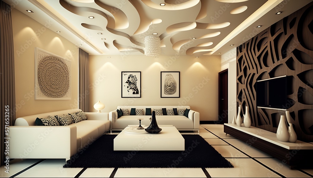 a unique, special false ceiling in the living room gives the home a ...