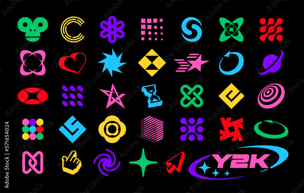 Set of retro y2k design elements. Silhouettes of various objects ...