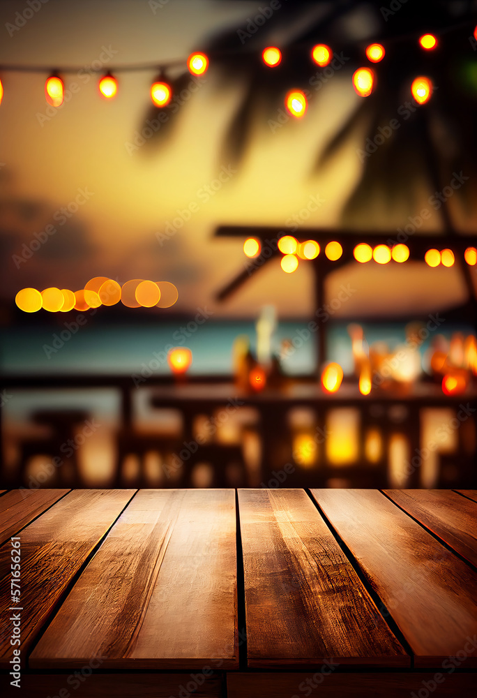 Empty wooden table top product display showcase stage. Tropical summer ...