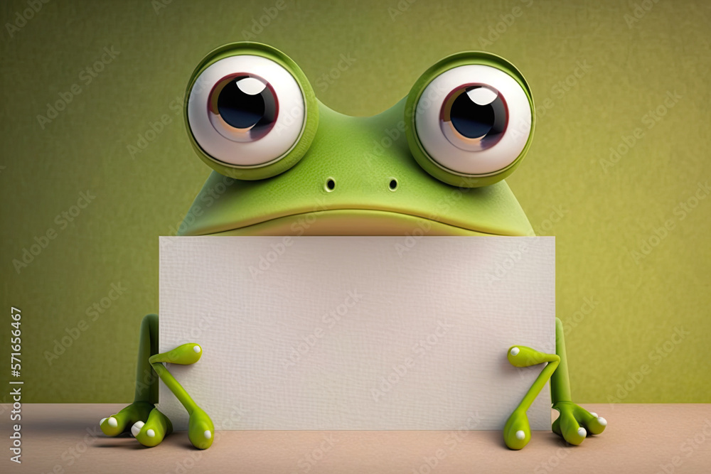 Cute Green Cartoon Frog Holding a White Blank Sign (Generated with AI ...