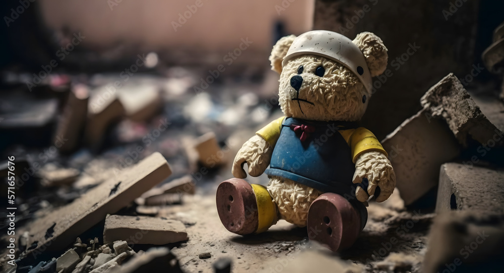 Alone Teddy bear on ruins of house after earthquake, war bomb and ...