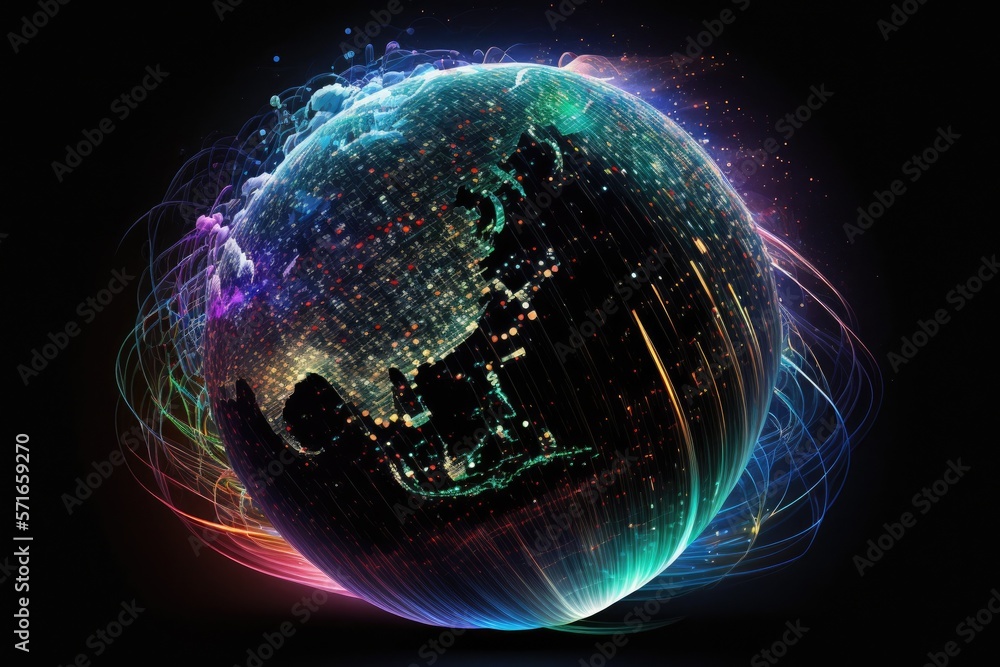 Around the digital Earth globe, fast moving optical fiber lights are ...