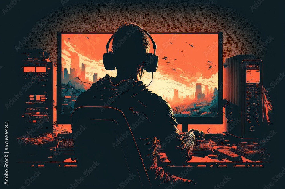 gamer playing game on screen monitor with computer, gaming and esports ...