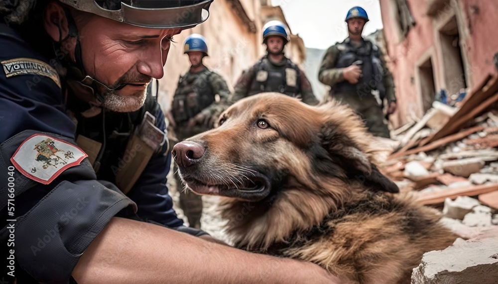 rescue team with K9 dog helping on collapse building area, idea for ...