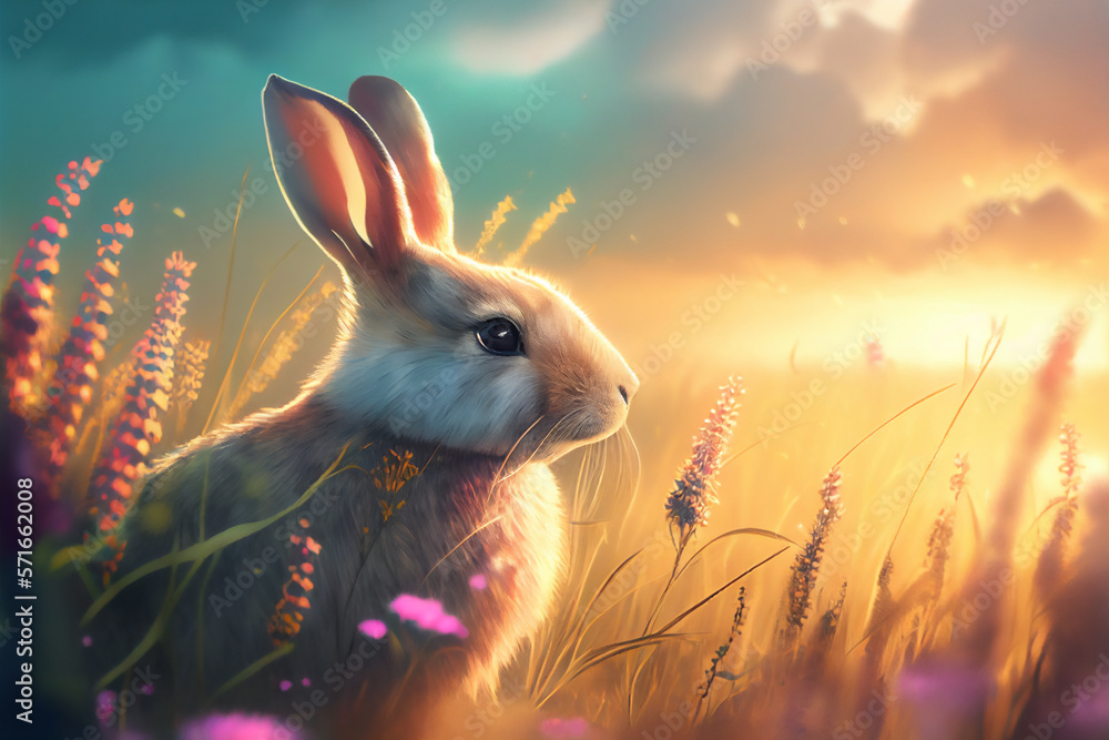 Cute Bunny rabbit sitting in a dreamy field at Easter during the spring ...