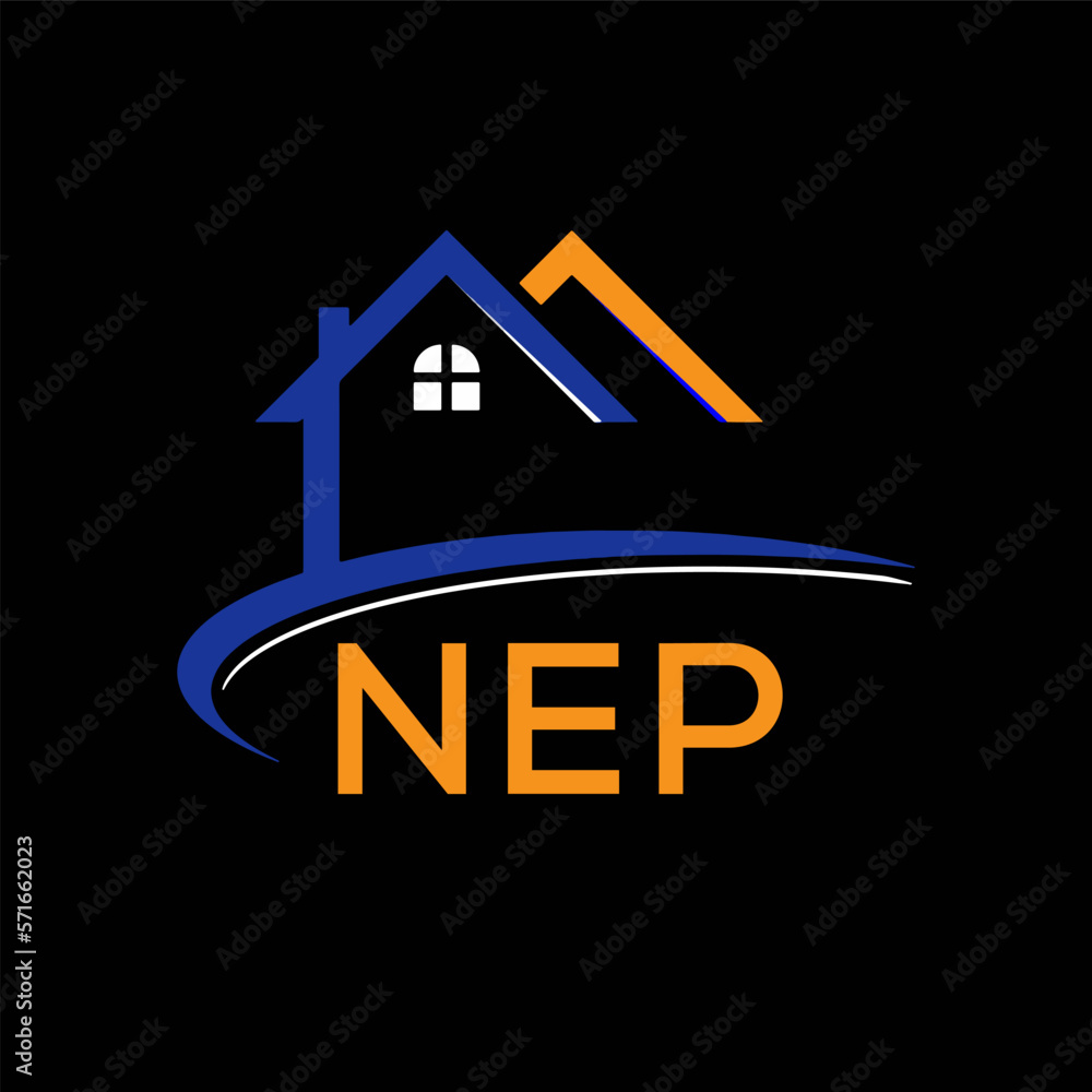 NEP house logo, letter logo. NEP blue image on black background and ...