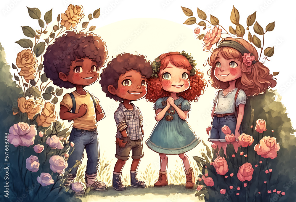 Digital watercolor illustration of a group of kids in the garden. Anime ...