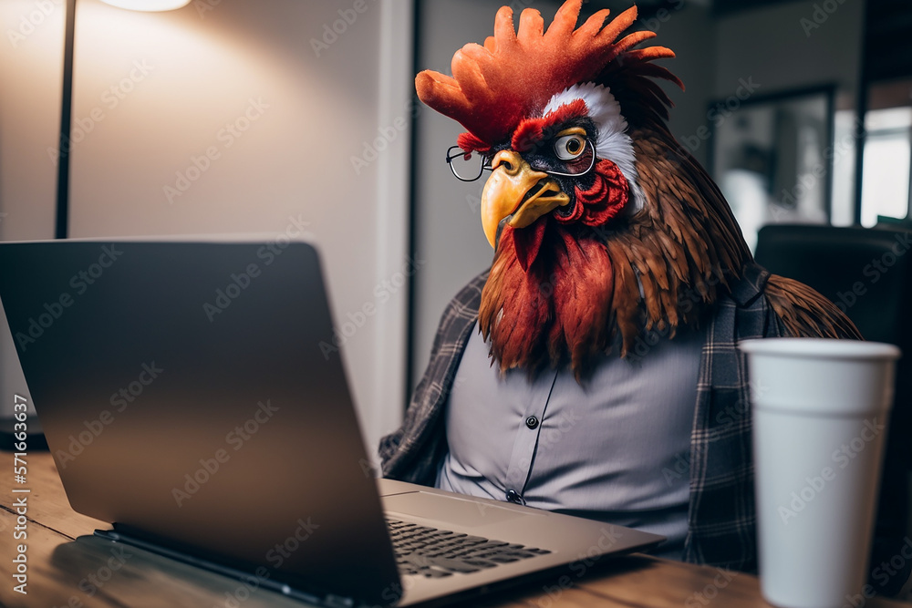 Angry rooster company boss working with laptop in office. Generative AI ...