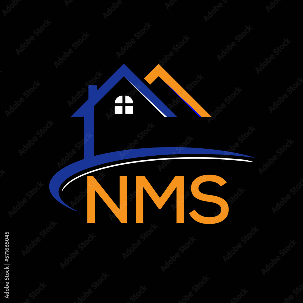 NMS house logo, letter logo. NMS blue image on black background and ...