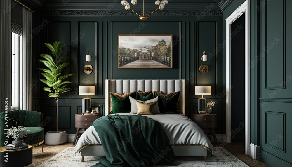 Contemporary dark green bedroom interior design illustration ...