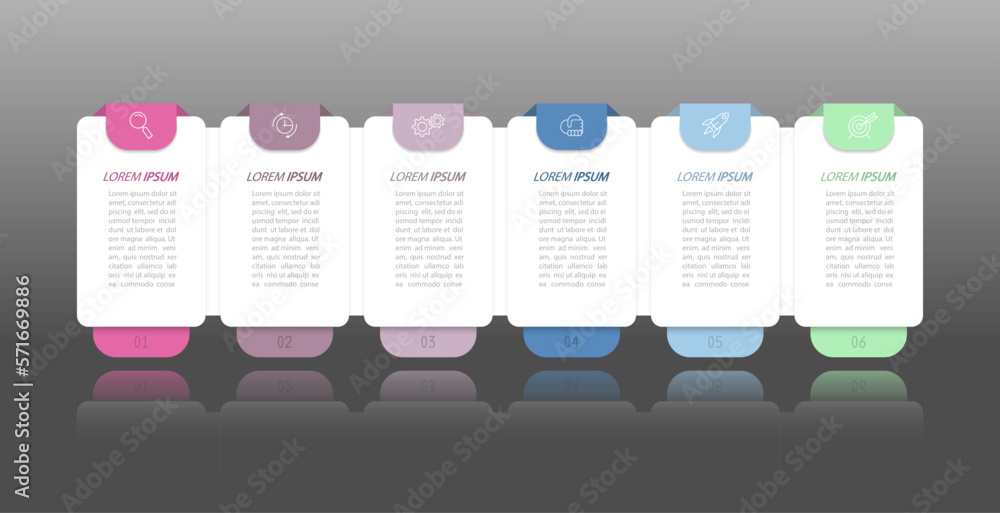 Infographics. 6 stages of development, marketing, workflow or plan ...