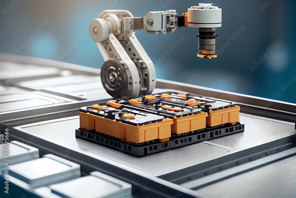 Robot assembly line with electric car battery cells module on platform ...