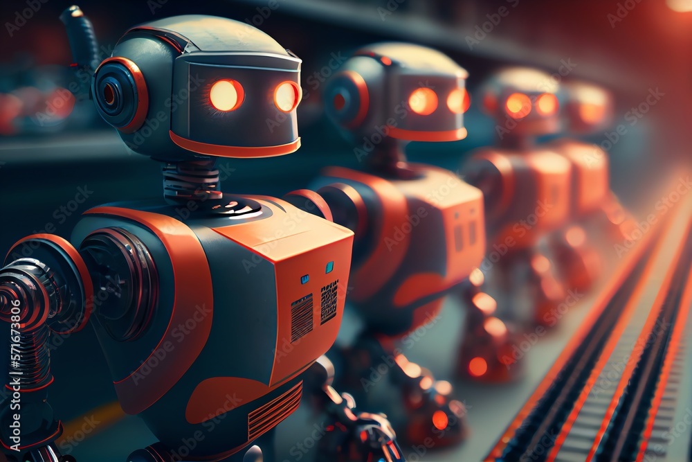 robots on a conveyor belt, robotic production of autonomous humanoid ...