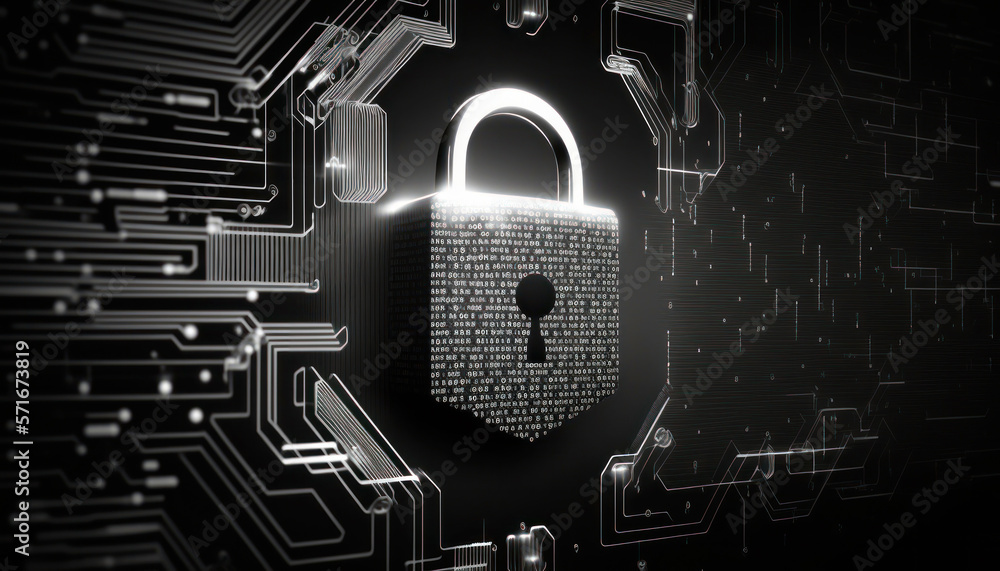 Stealth black and white cyber security padlock concept, technology abstract future background ...