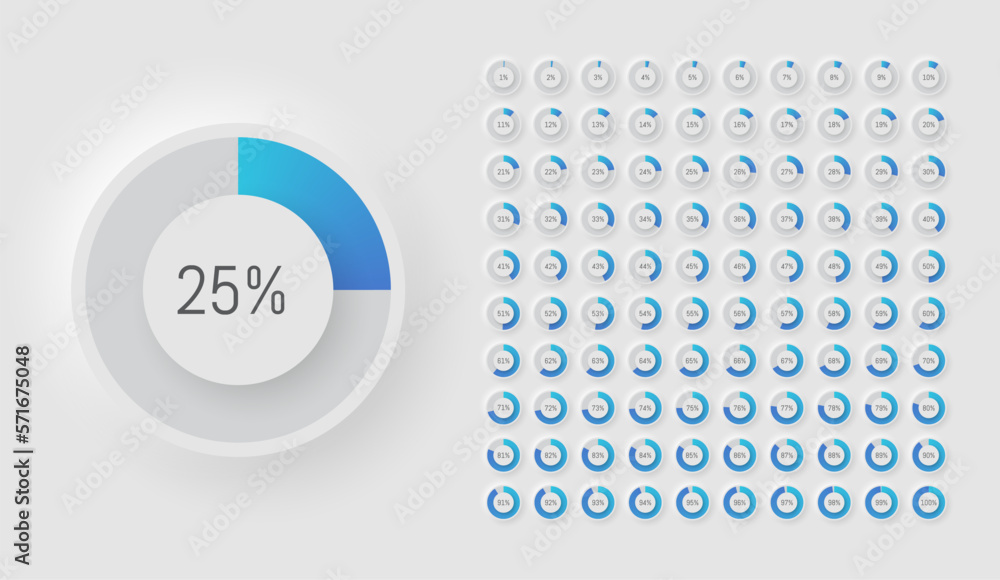 Percentage diagram 3D icons. Pie chart. Progression from 1 to 100 ...