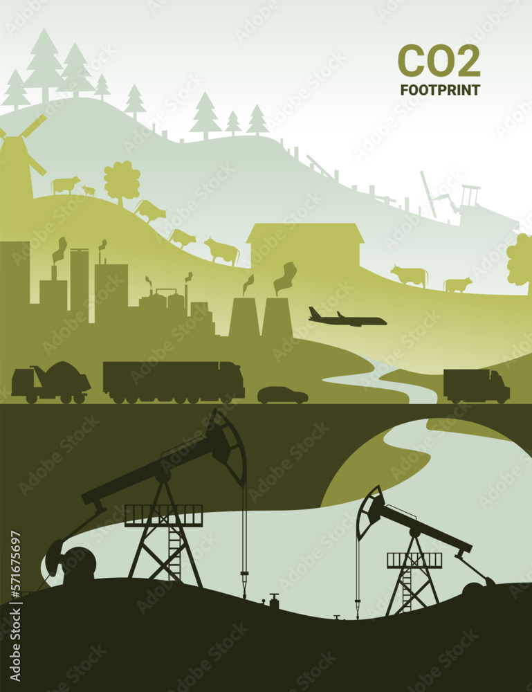 Cartoon Color Plant Environmental Impact and CO2 Emission Pollution ...