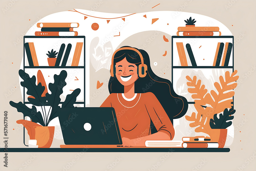 Flat vector illustration Happy young female student studying online ...