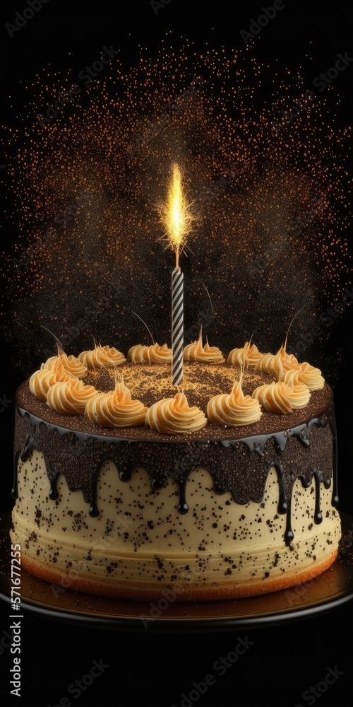 Cake fireworks candles with a set of fire sparks; isolated on a black ...