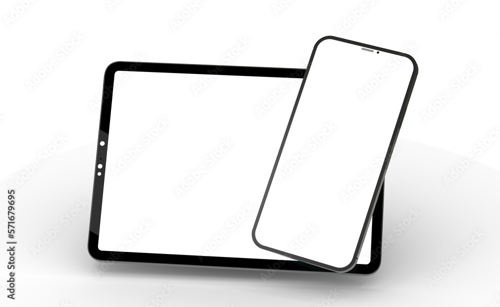 Blank screen realistic tablet frame, rotated position, side view, top ...