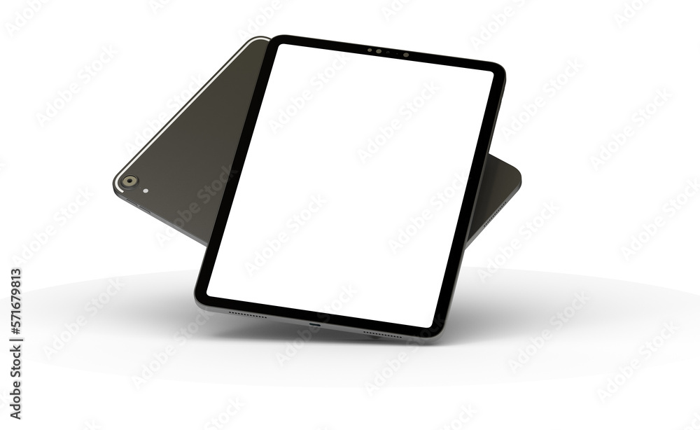 Blank screen realistic tablet frame, rotated position, side view, top ...