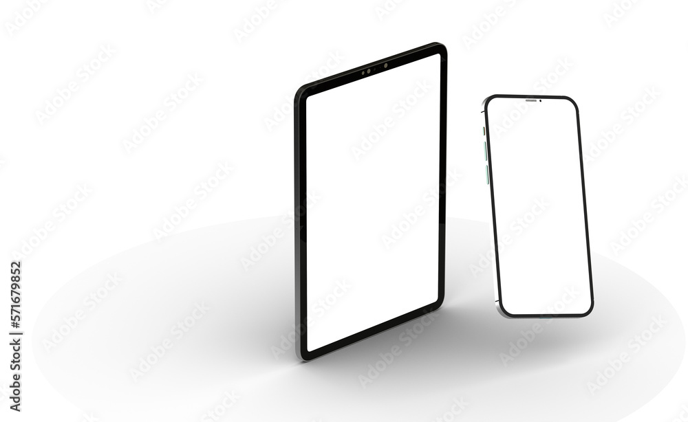 Blank screen realistic tablet frame, rotated position, side view, top ...