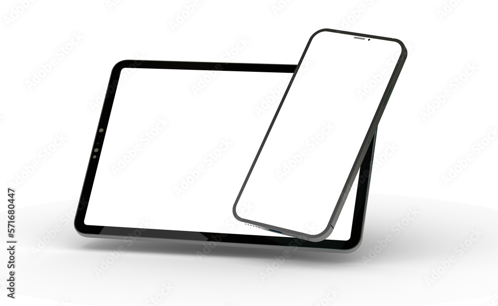 Blank screen realistic tablet frame, rotated position, side view, top ...