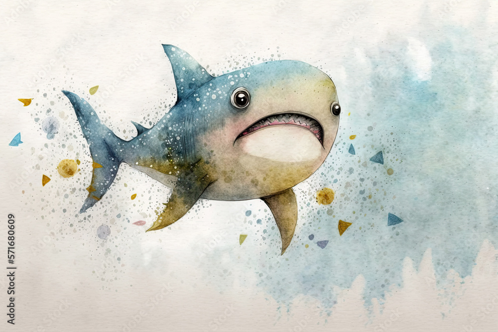 Cute little baby shark, frowning unhappy watercolor, Generative AI ...