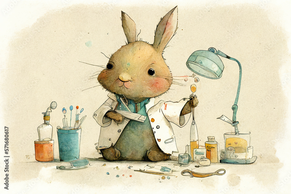 Cute little Bunny rabbit dentist anthromorphic watercolor, Generative ...