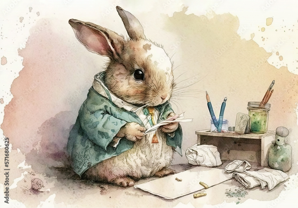 Little Bunny rabbit dressed in clothes reading a letter watercolor ...