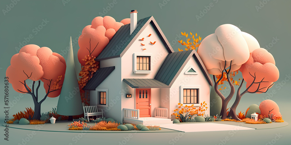 Eco House with bushes, tall trees, tidy environment. A pleasant ...