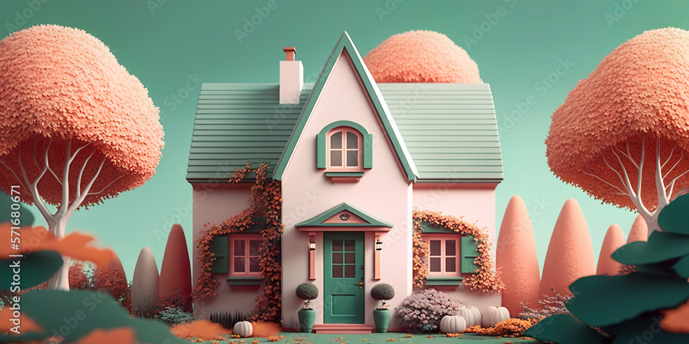 Eco House with bushes, tall trees, tidy environment. A pleasant ...