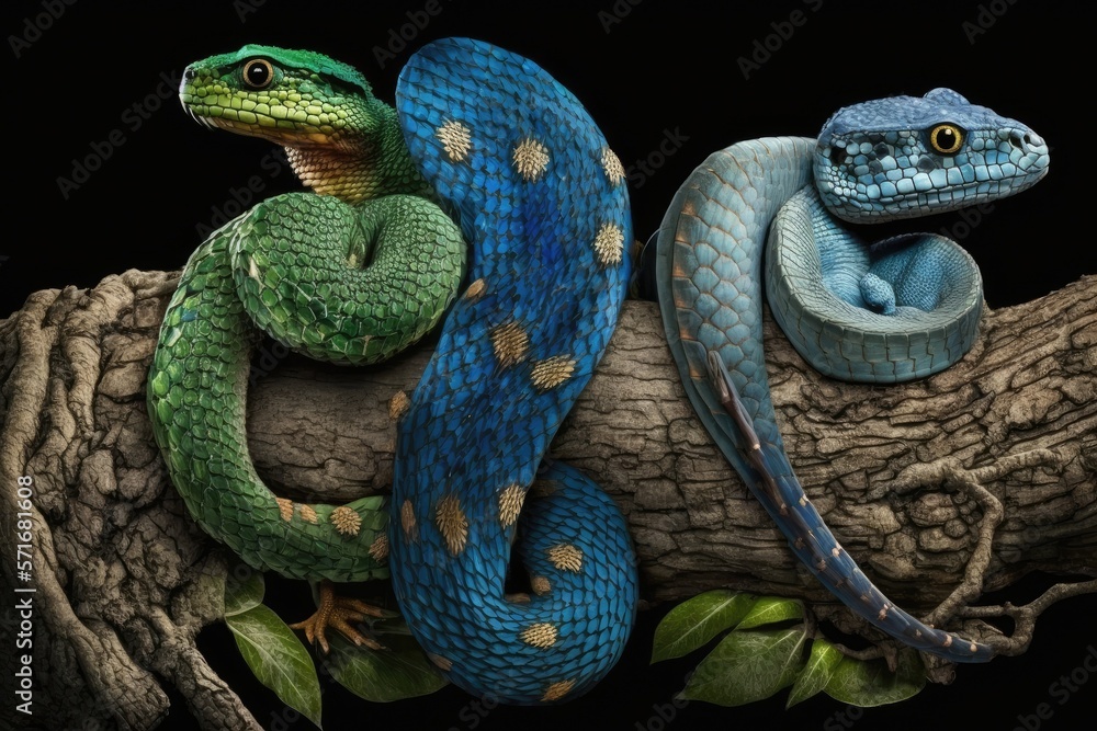 Blue insularis, viper snake, blue viper snake on branch, and ...