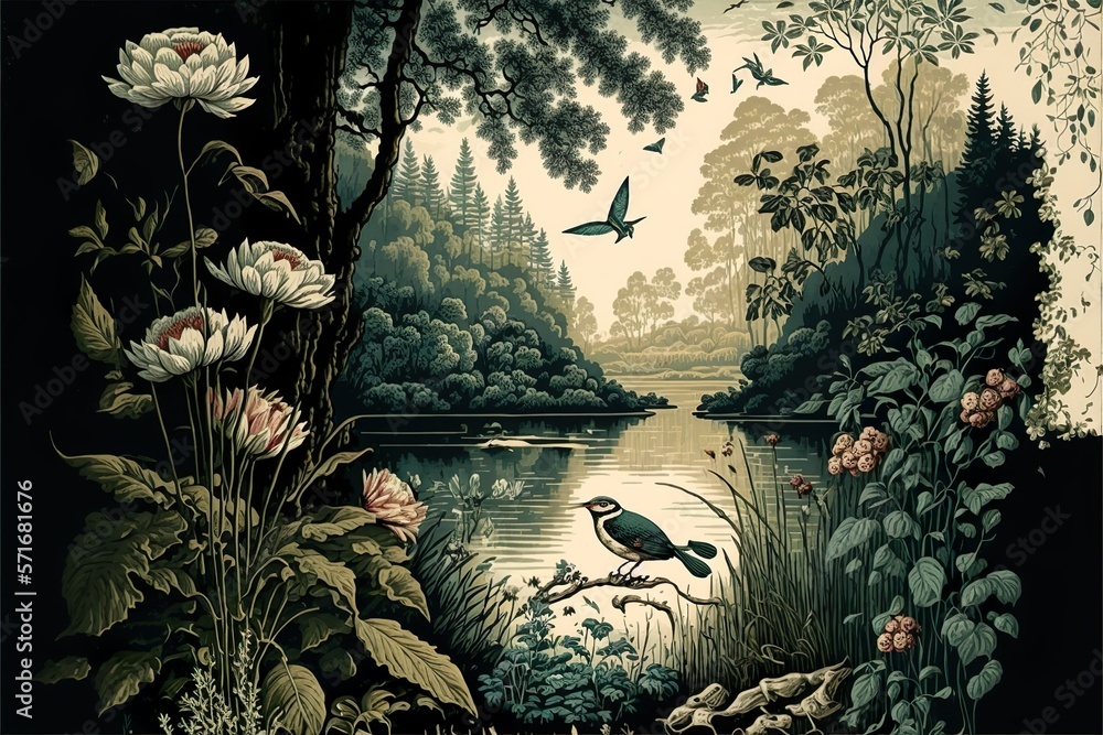 Vintage wallpaper of forest landscape with lake, plants, trees, birds ...