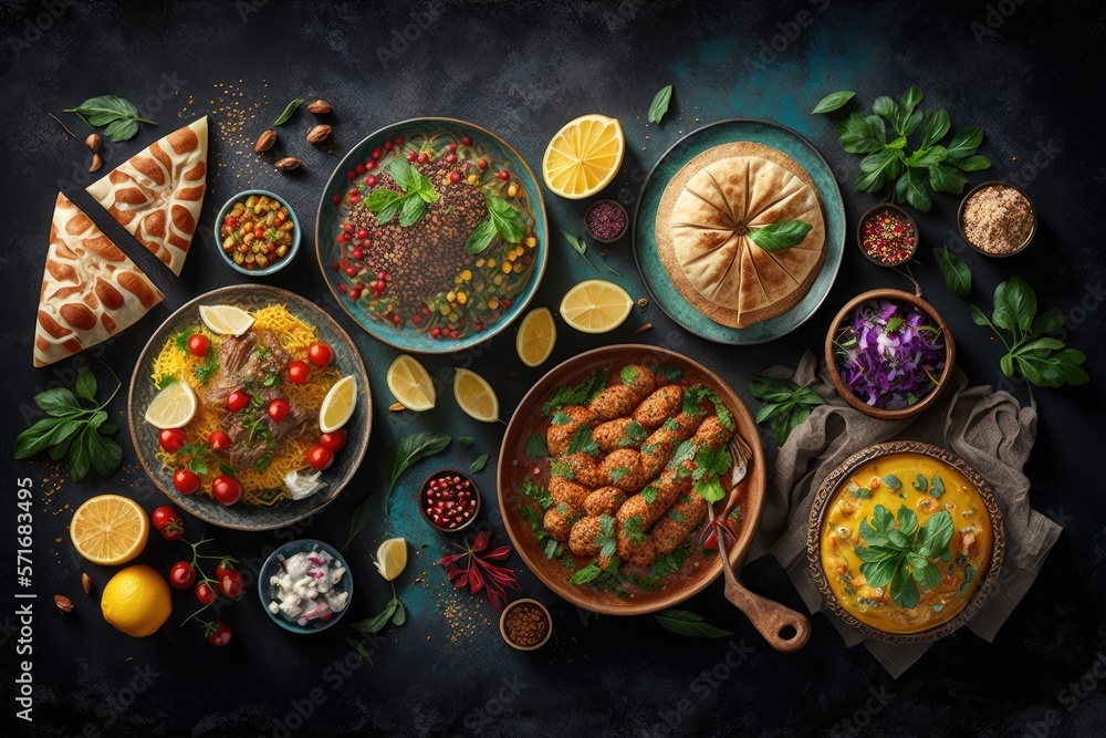 Assorted middle eastern dishes and meze background. Tabbouleh, meat ...