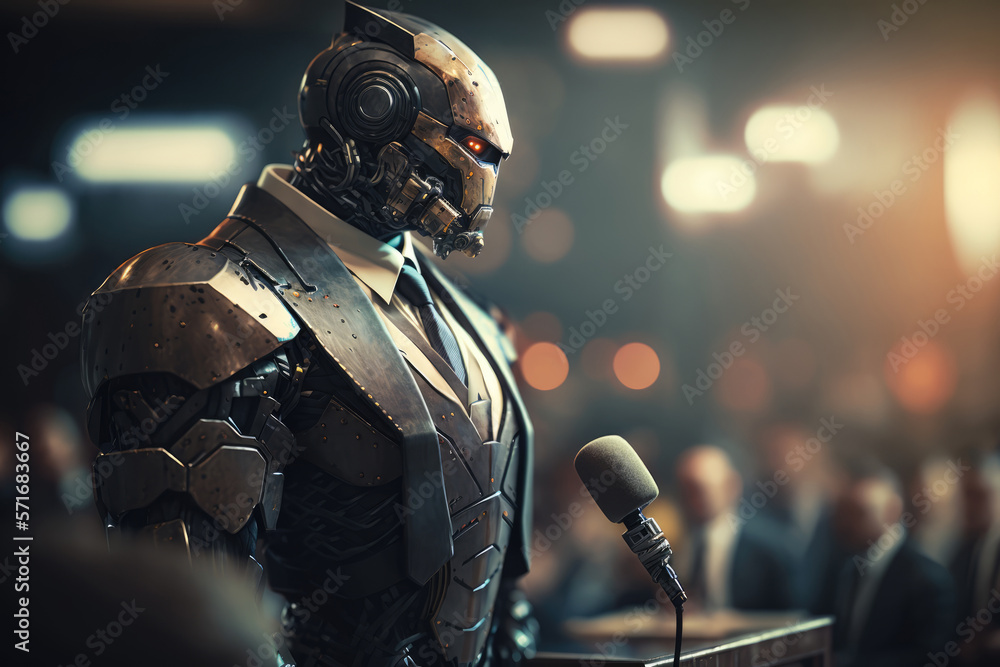 Evil artificial intelligence bot robot dressed as a politician in metal ...