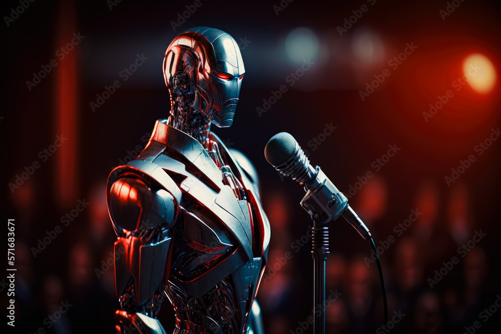Cold iron suit artificial intelligence bot robot with red lights eyes ...