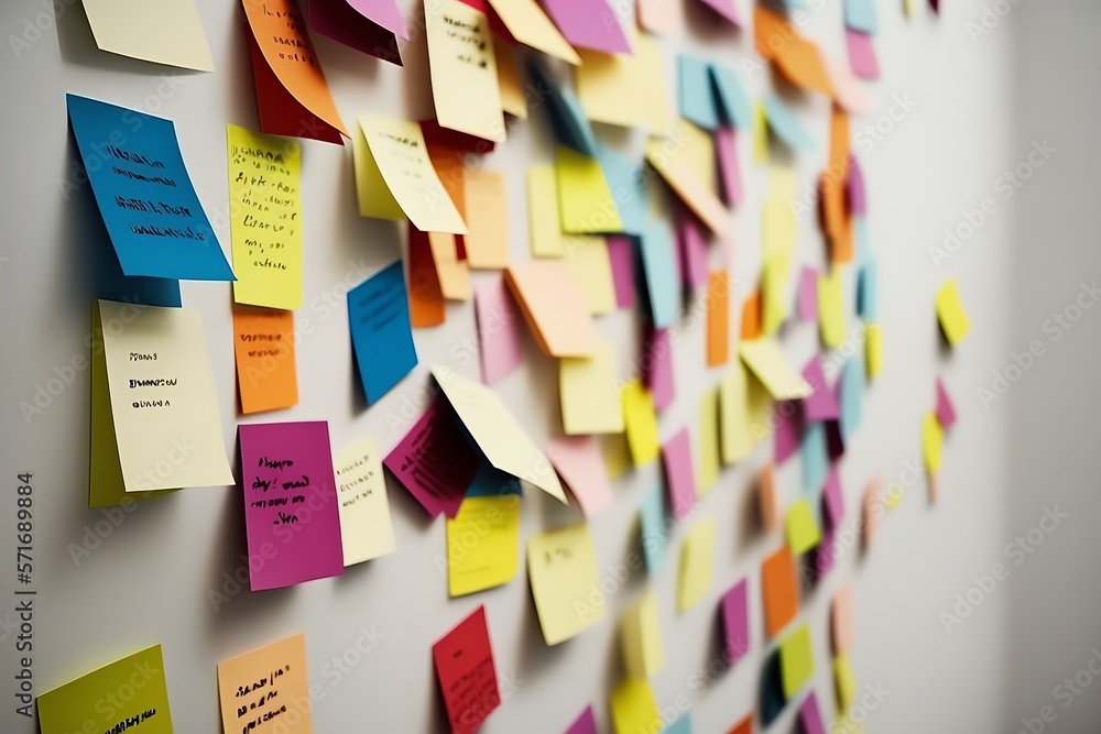 Planning. Sticky notes on the wall. Business planning. Generative AI ...
