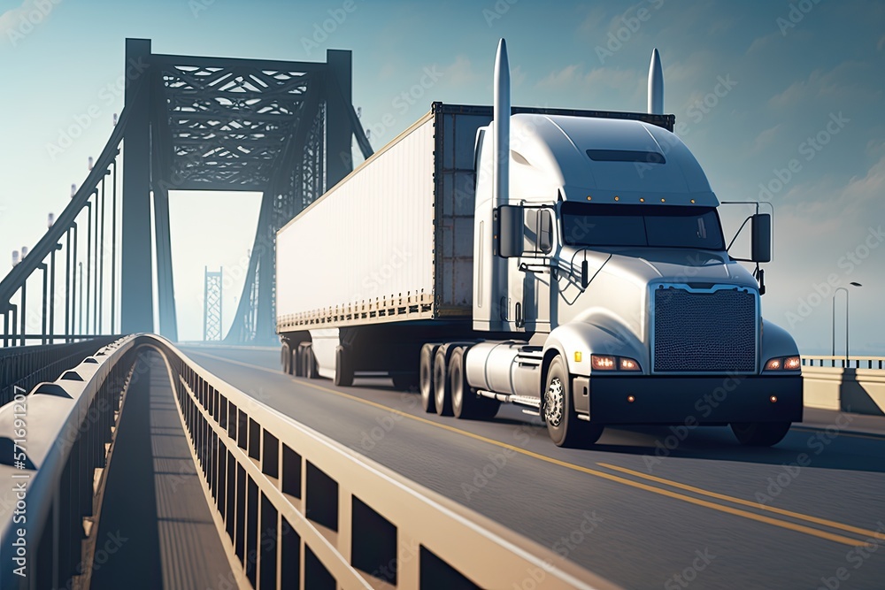 Cargo truck with container driving on the bridge. Semi-Truck with Cargo ...