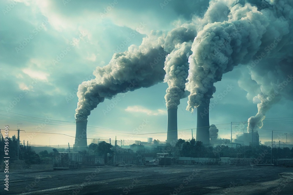 Smoke and steam rising into the air from power plant stacks; dark ...