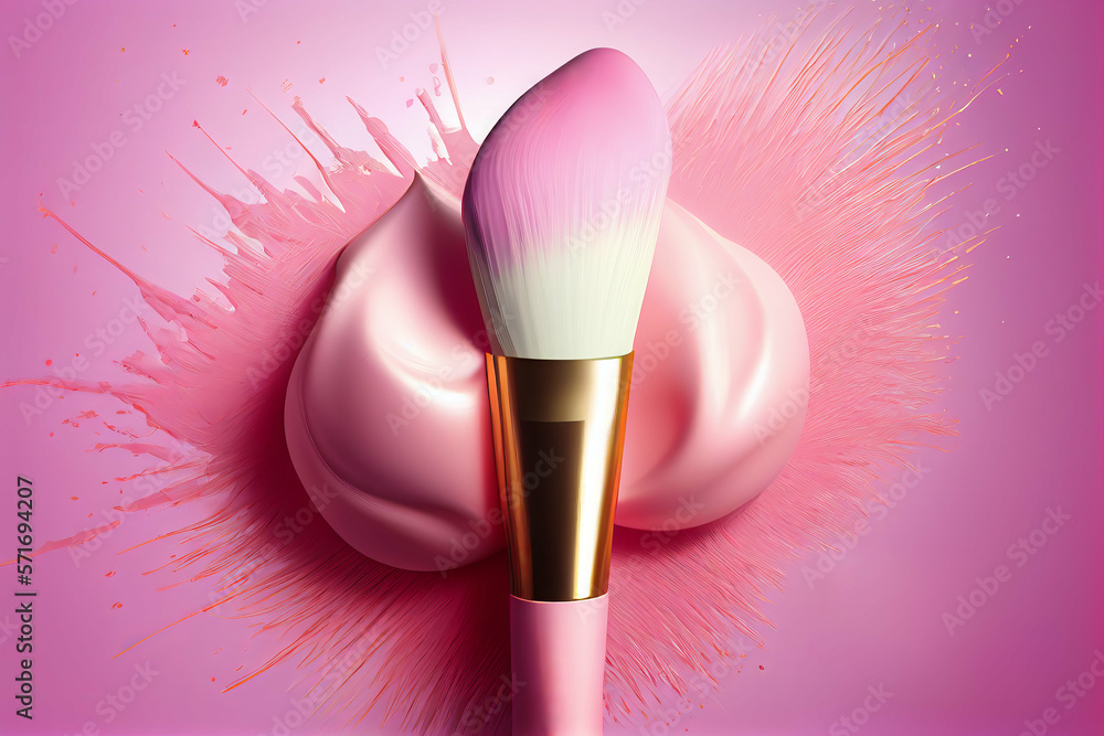 Pink blusher brush with foundation blob fashion background. Cosmetics ...