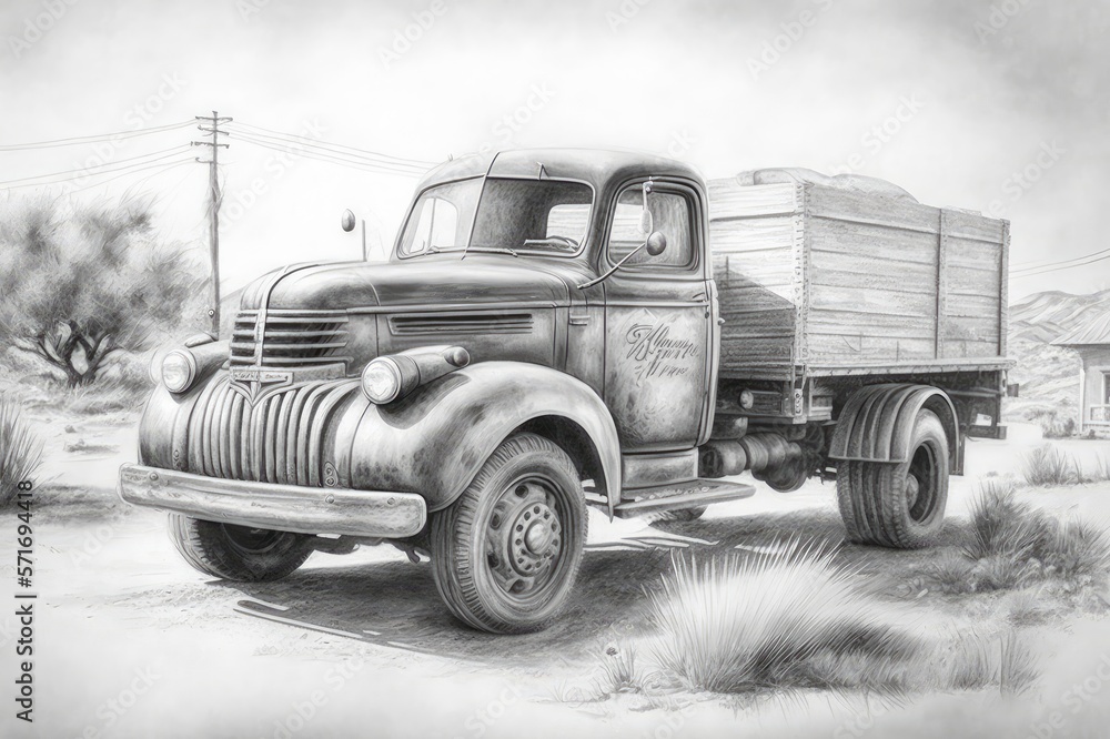 pencil sketch of truck in black and white pencil and pen, ai Stock ...