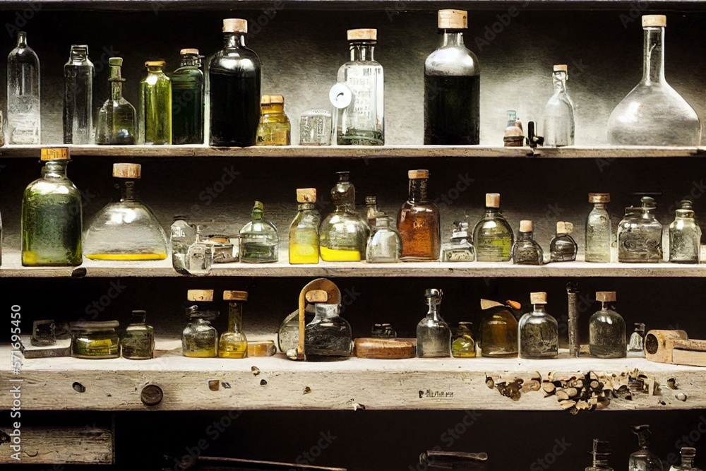 Old scary laboratory mining tools & measuring devices. Bottles in old ...